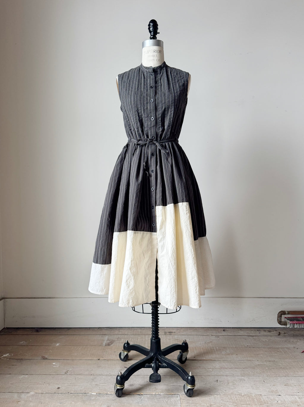 pleated and patched bodice work dress with pin striped cotton ...